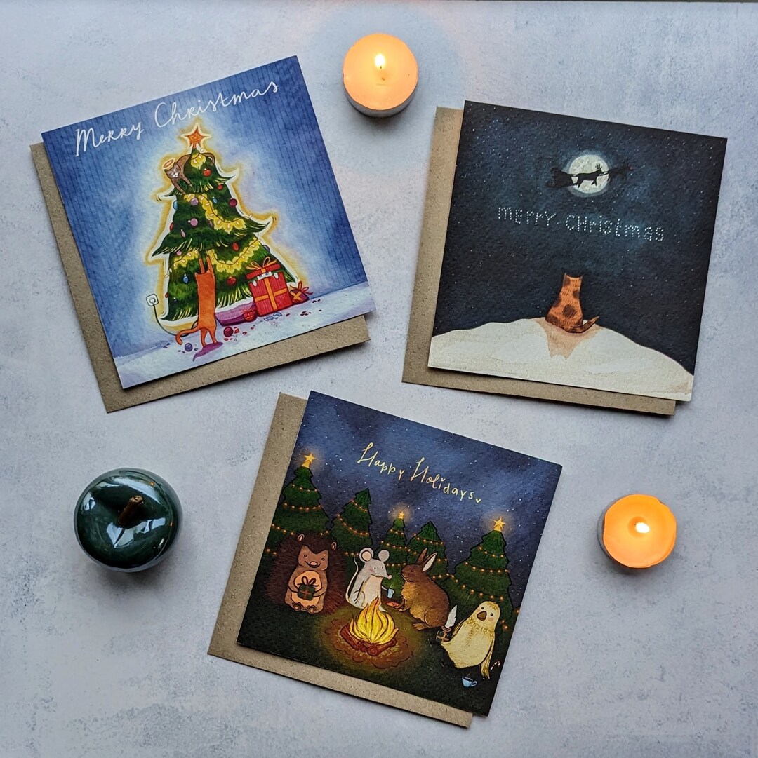 Christmas Card Set Set Christmas Cards Tree Cats Merry Christmas With ...