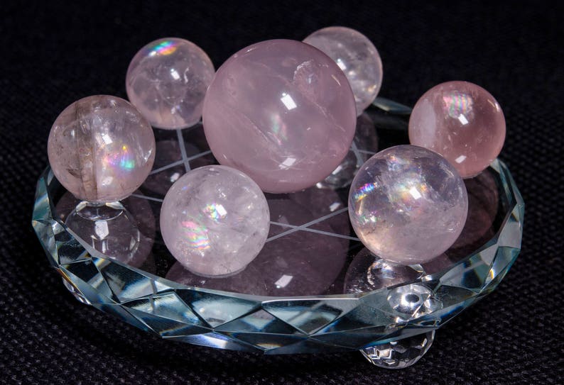 Natural Seven Rainbow Rose Quartz Spheres Set With Base/flower - Etsy