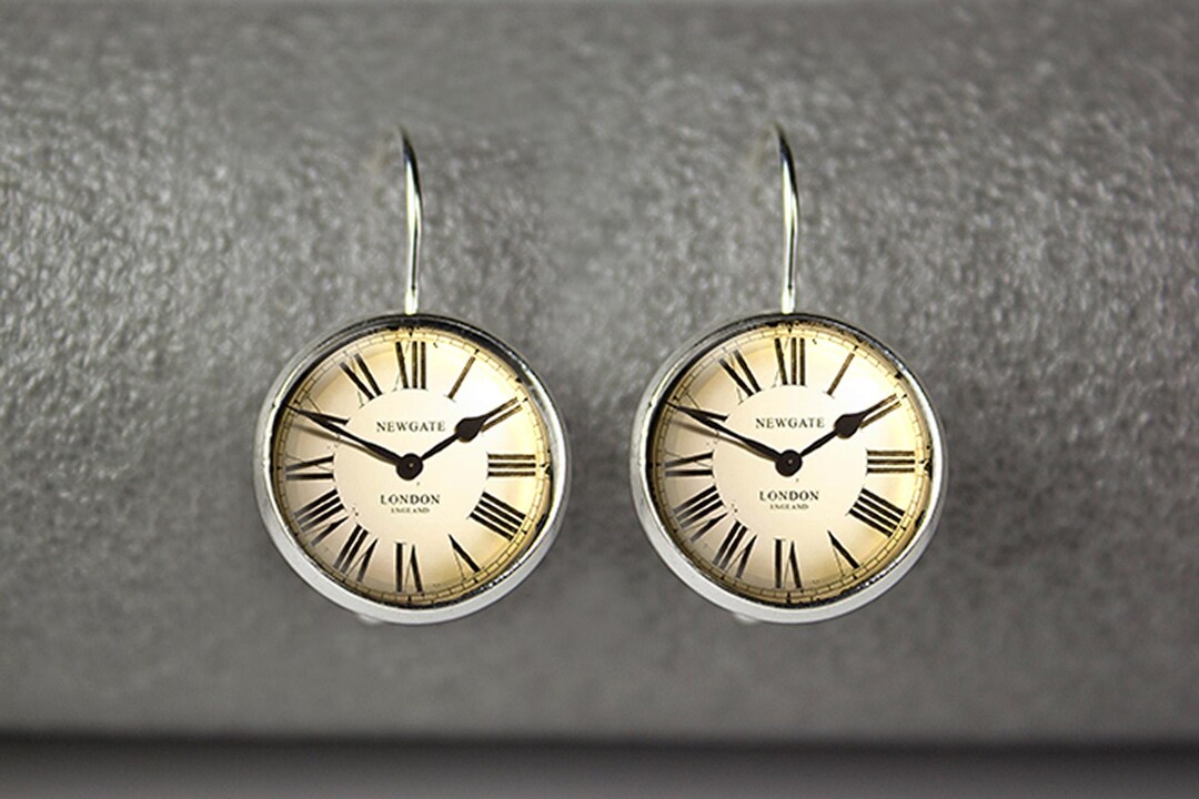 Vintage Style Clock Dangle Earrings: Silver Plated Roman Numeral Design ...