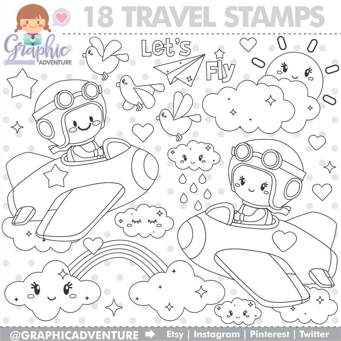 Travel Stamps Pilot Stamps Travel Coloring Page COMMERCIAL | Etsy