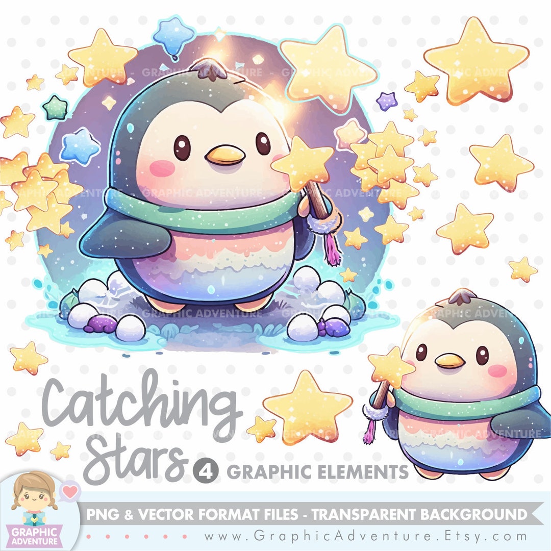 Penguin Clipart, Penguin Clipart Vector, Cute Penguin Clipart, Stars ...