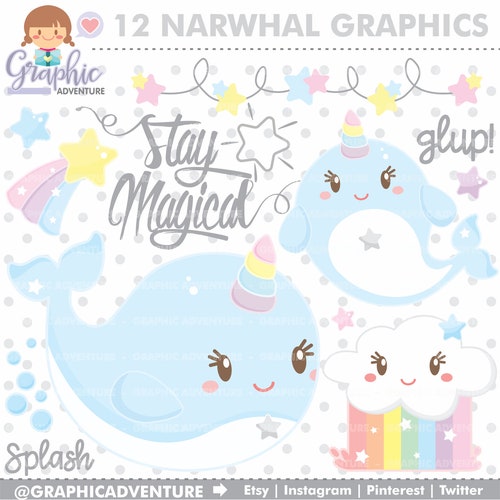 Unicorn Clipart Narwhal Graphics Commercial Use Narwhal - Etsy