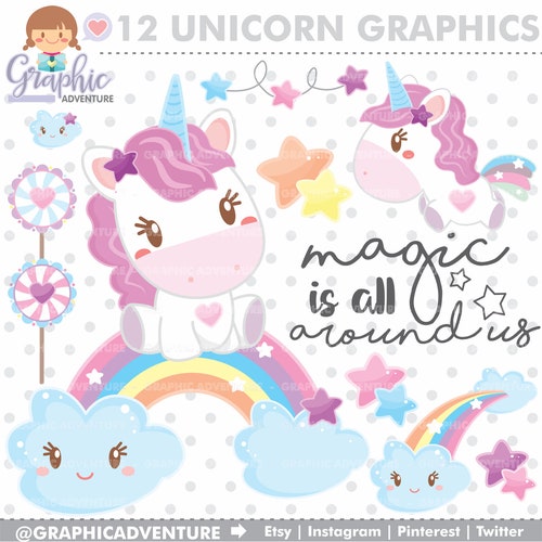 Cute Unicorn Clipart Set Rainbow Unicorns Clip Art Digital - Etsy
