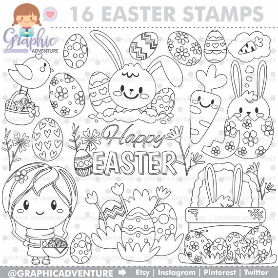 Easter Stamps Bunny Stamps Digital Stamps Easter Coloring | Etsy