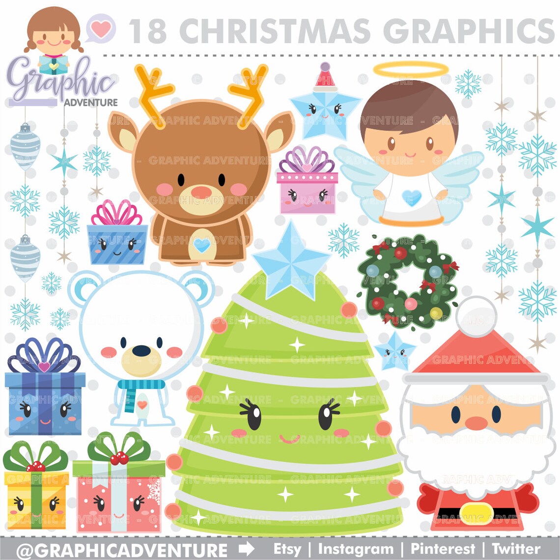 Christmas Clipart Christmas Graphics COMMERCIAL USE Kawaii - Etsy
