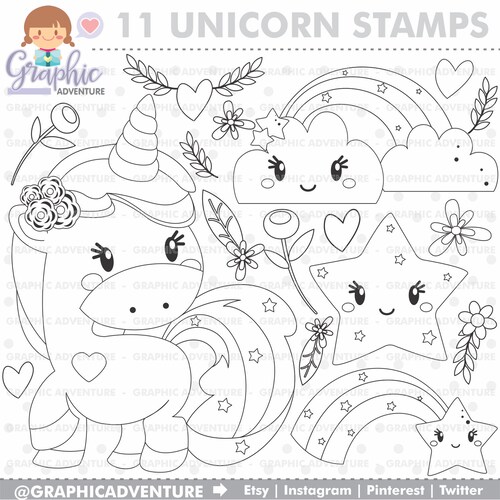 Unicorn Stamp Commercial Use Digi Stamp Unicorn Digistamp - Etsy