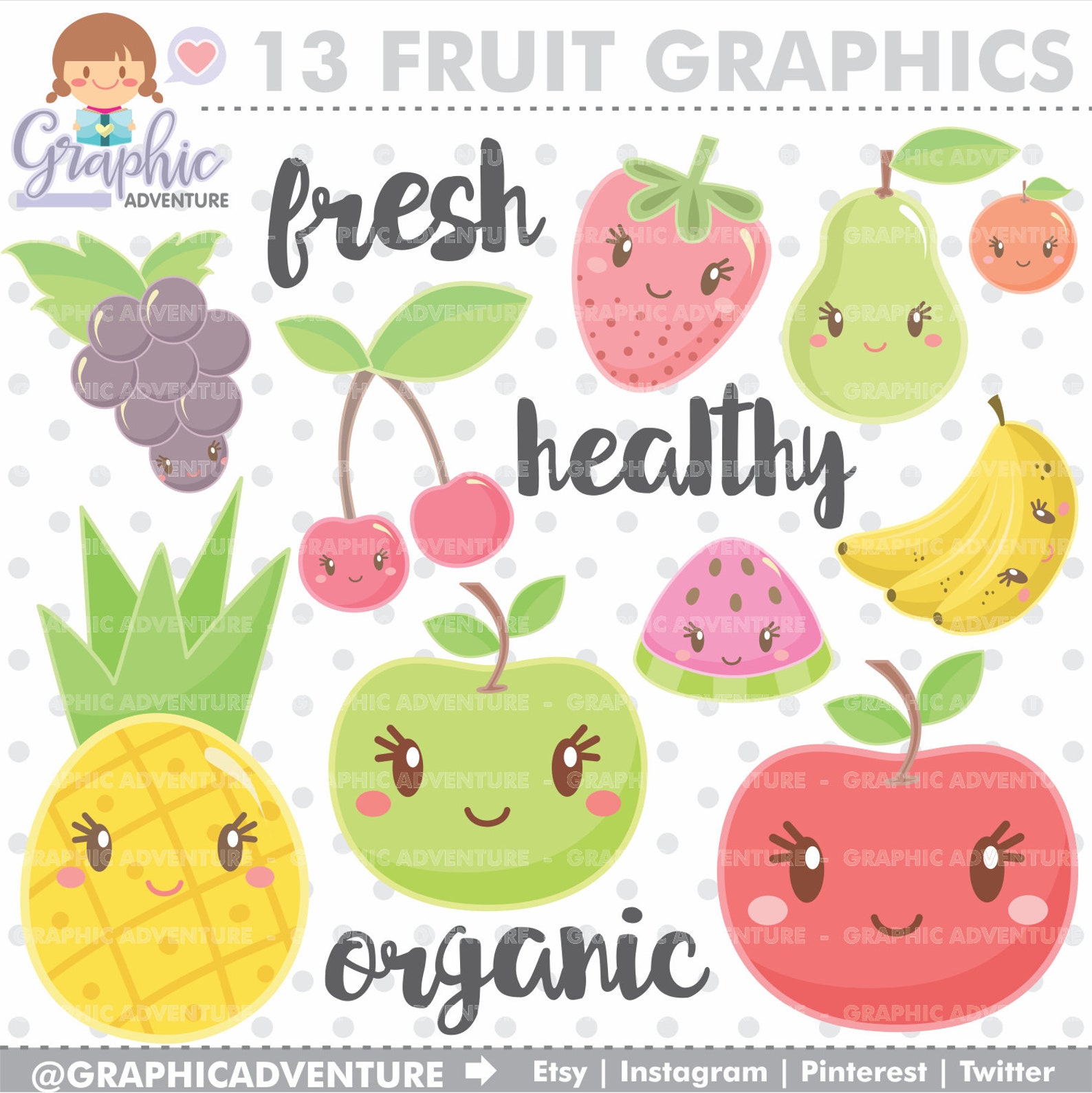 Fruit Clipart Fruit Graphics COMMERCIAL USE Kawaii Clipart | Etsy