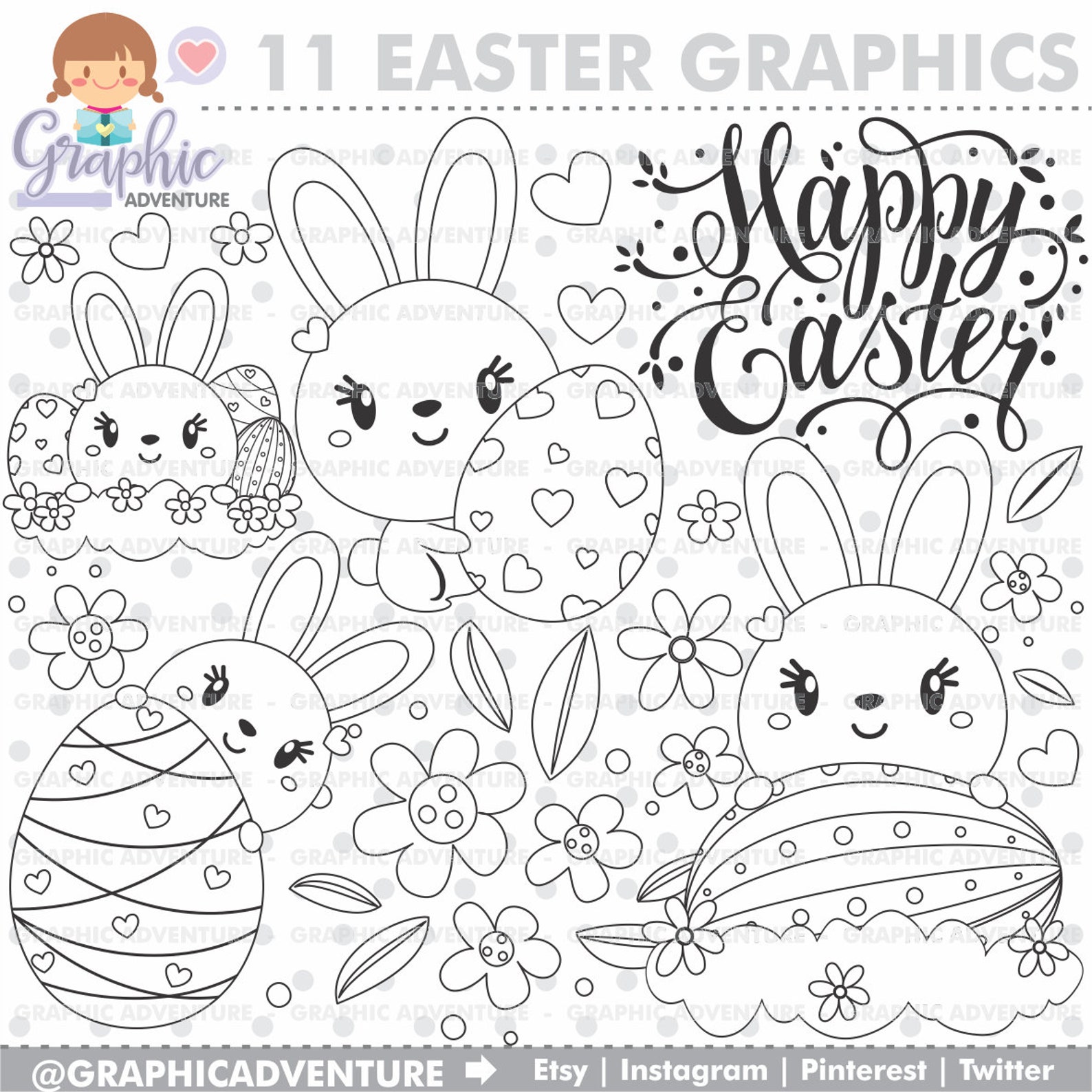 Easter Stamps Bunny Stamps Digital Stamps Easter Coloring | Etsy