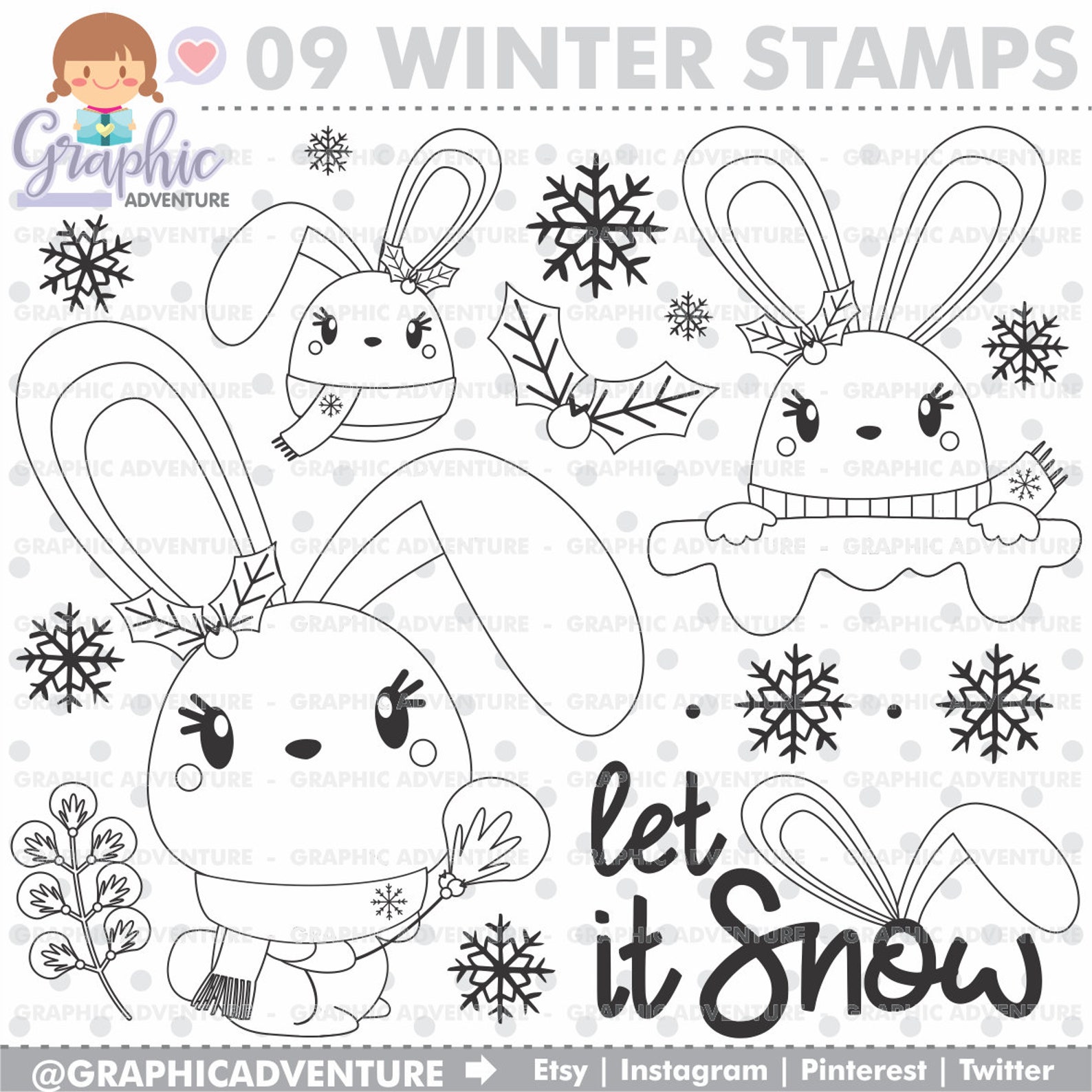 Winter Stamps Let It Snow Bunny Stamps COMMERCIAL USE - Etsy