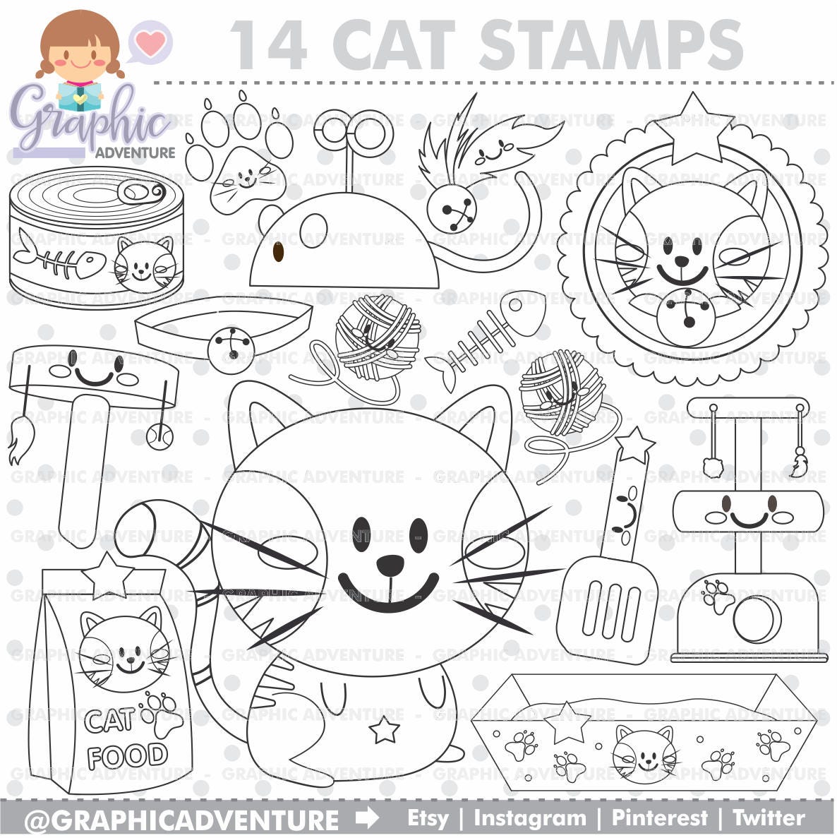 Cat Stamp Kitty Stamps Cat Food Stamps COMMERCIAL USE Digi | Etsy