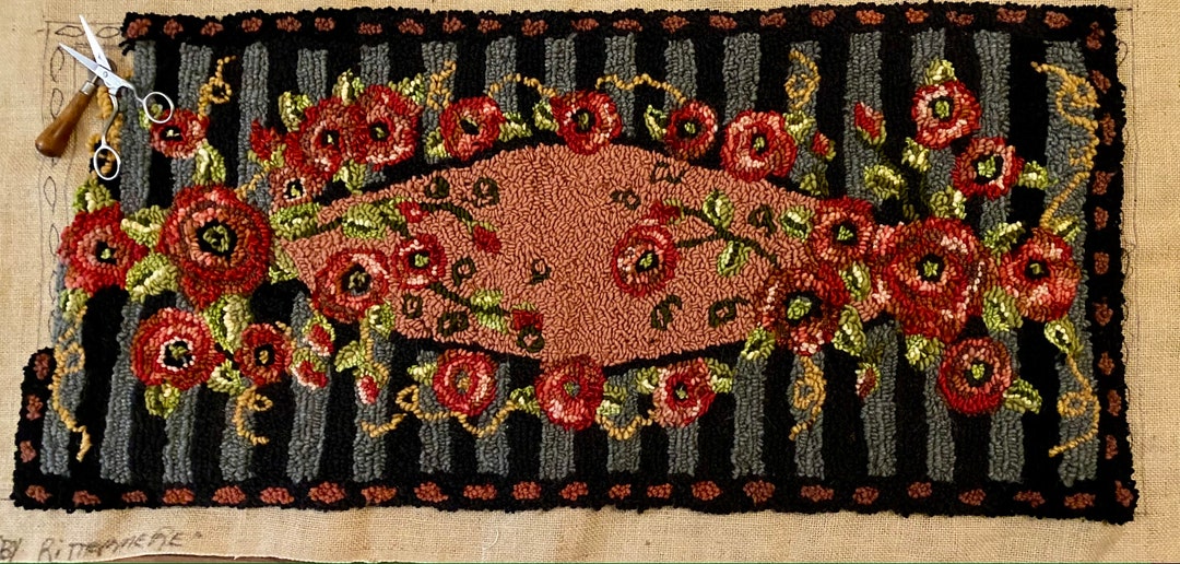 Rug Hooking Pattern, ‘poppies and Stripes’ PAPER PATTERN, Red Dot ...