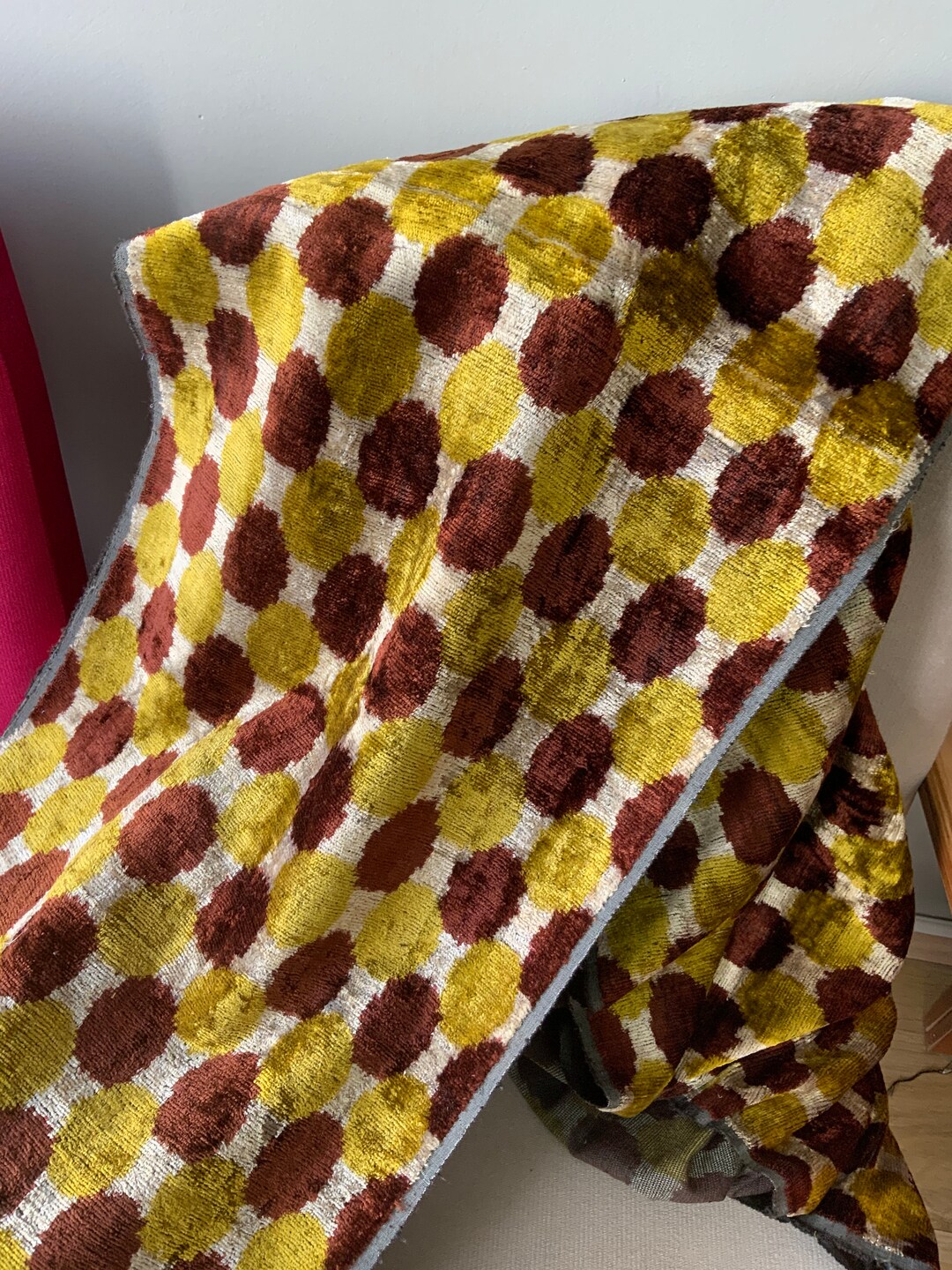 Handcrafted Gold Brown Polka Dot Silk Velvet Ikat Fabric - Handwoven ...