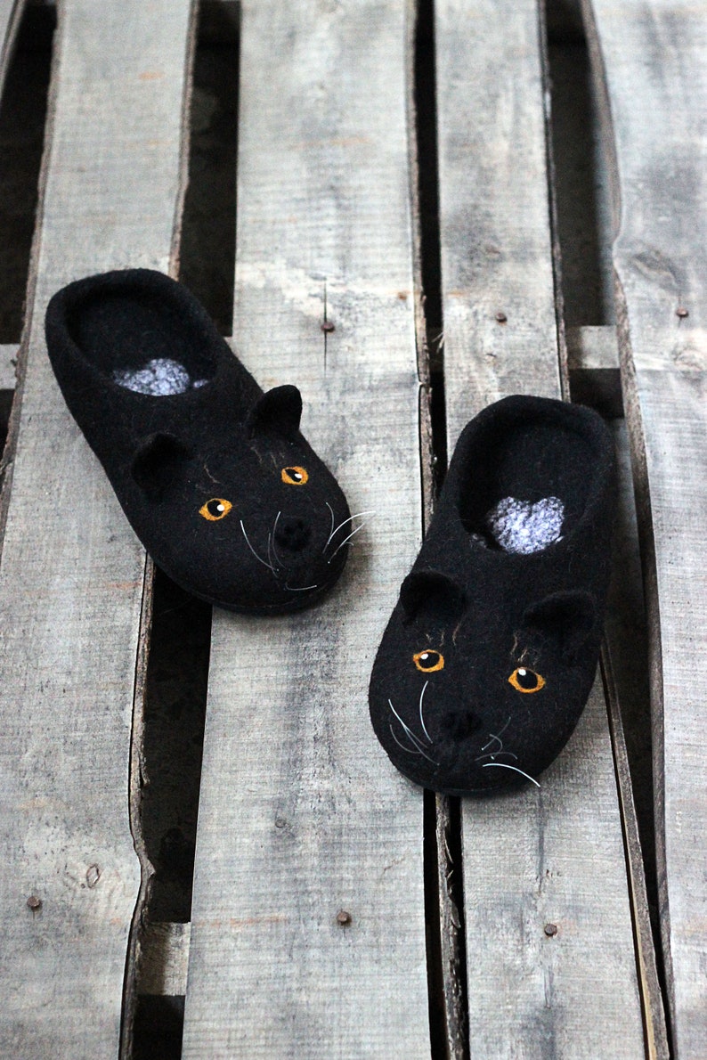 Black Cat Slippers for Men Cats Wool Shoes Felted Animals - Etsy