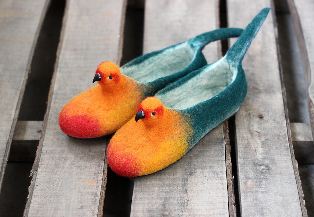 Green Parakeet Slippers, Orange Conure Wool Flat Shoes, Aratinga ...