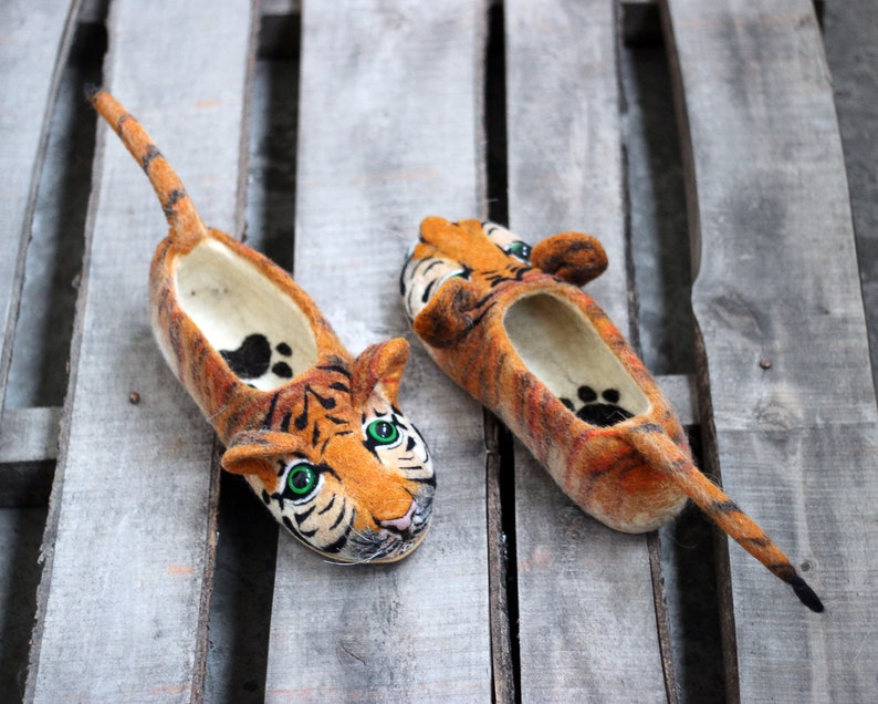 Tiger cub premium slippers tigers handmade eco wool flat | Etsy
