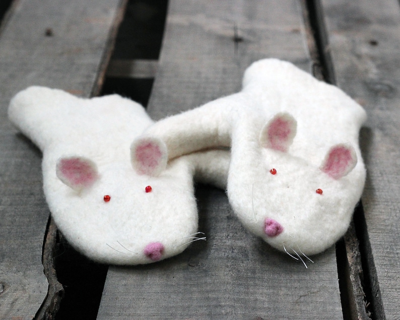 White rat felted mittens mouse natural felted wool women | Etsy