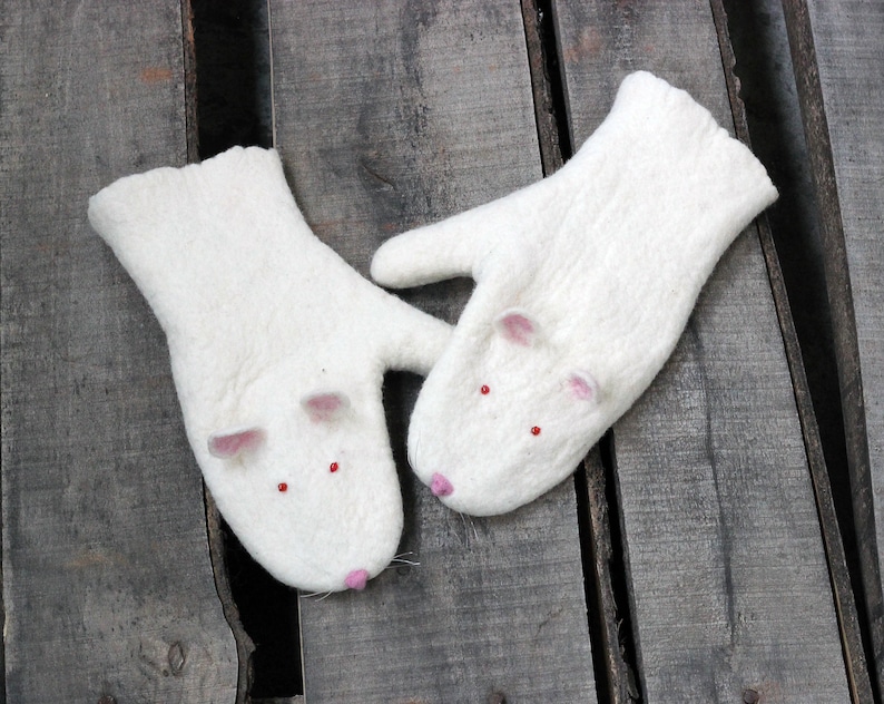 White rat felted mittens mouse natural felted wool women | Etsy
