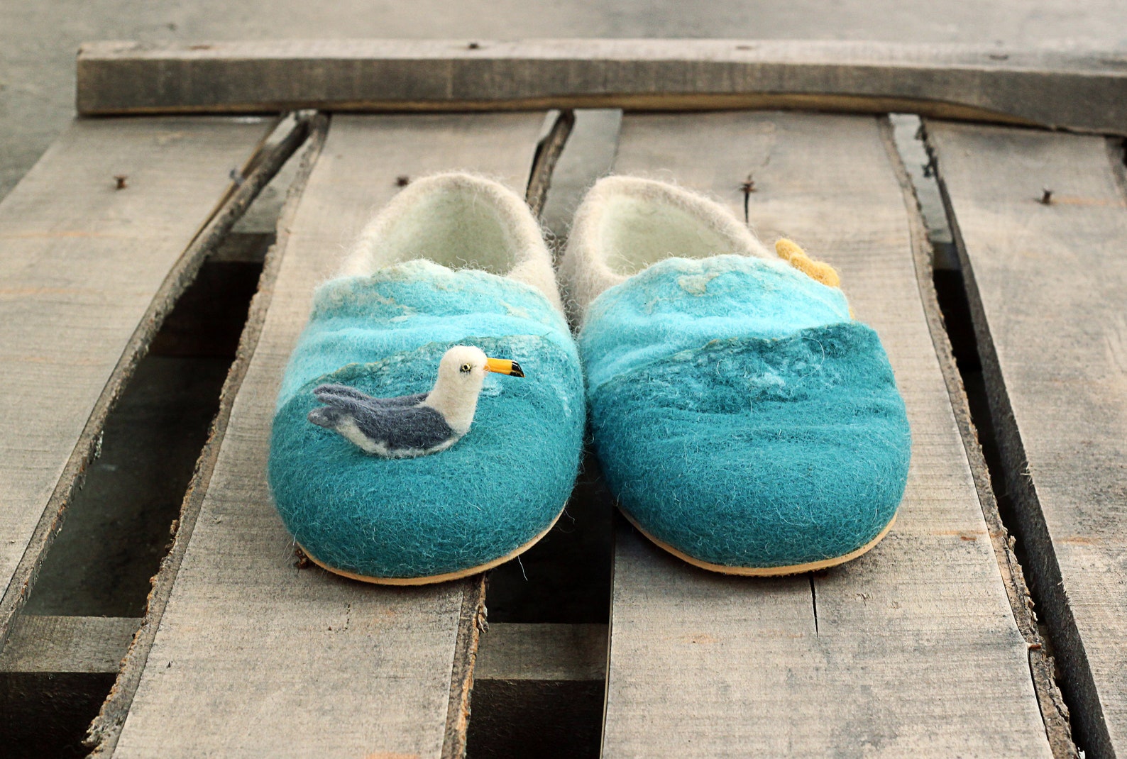 Seagull Wool Felted Slippers Gull Bird Sea Star Ocean Waves - Etsy