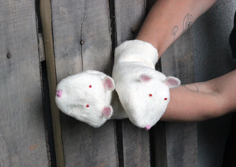 White rat felted mittens mouse natural felted wool women | Etsy