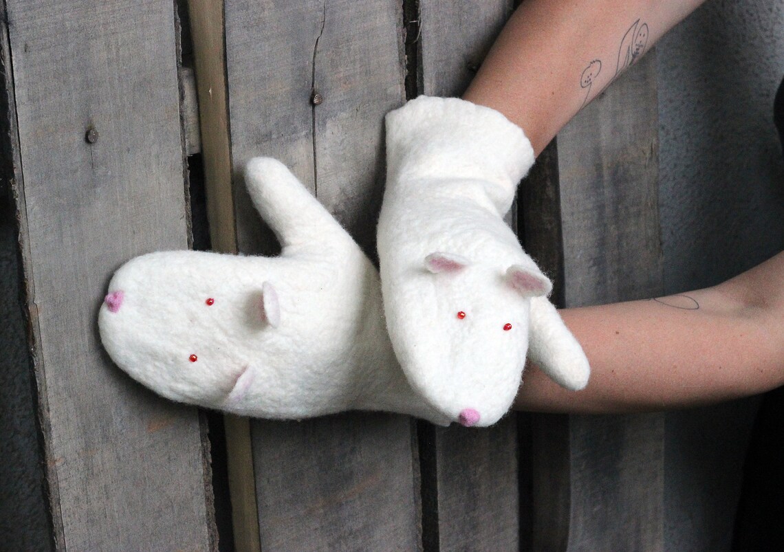White rat felted mittens mouse natural felted wool women | Etsy