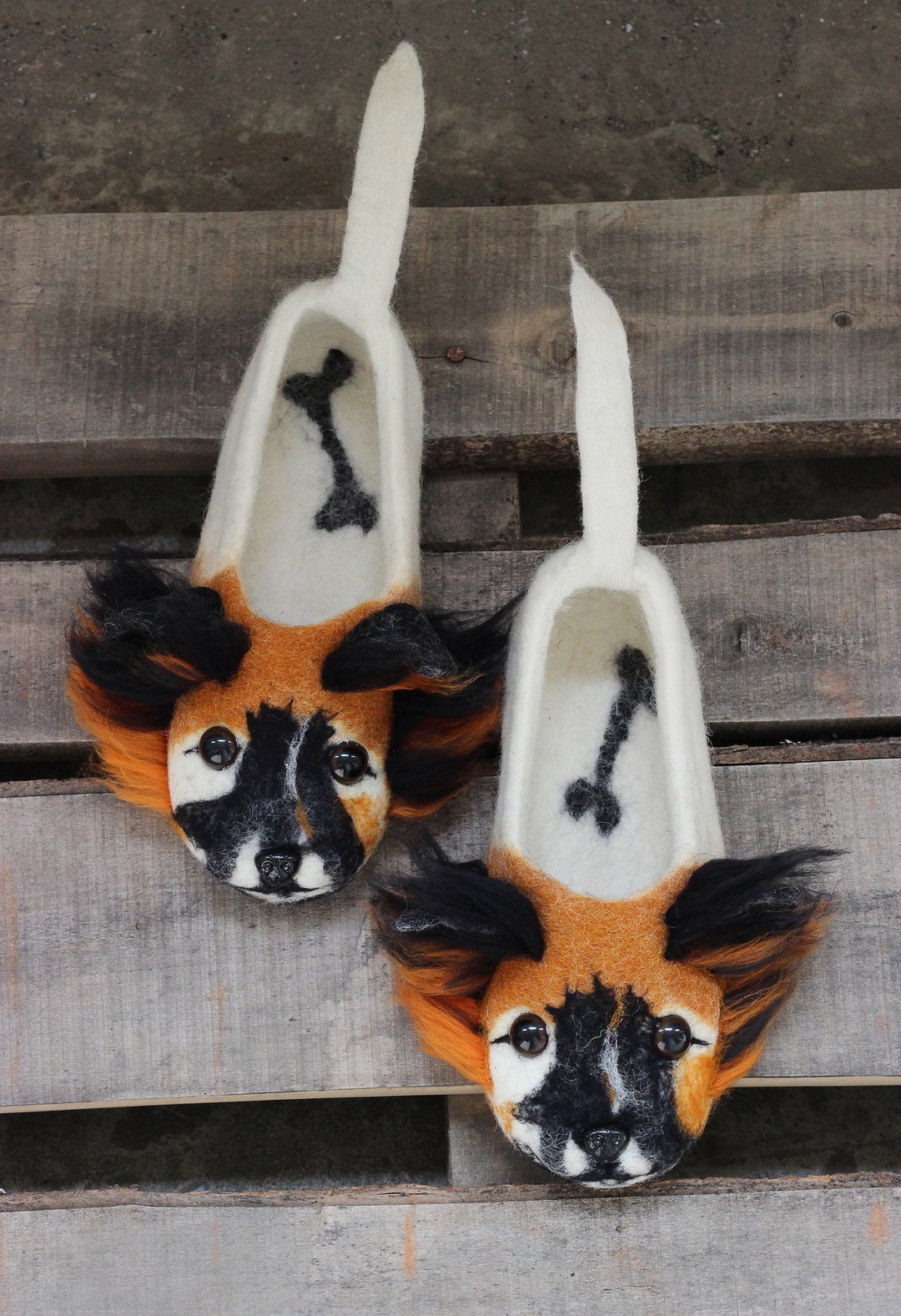 Papillon Slippers - Felted Dog Clogs, Personalized, Toy Shoes, Felt ...