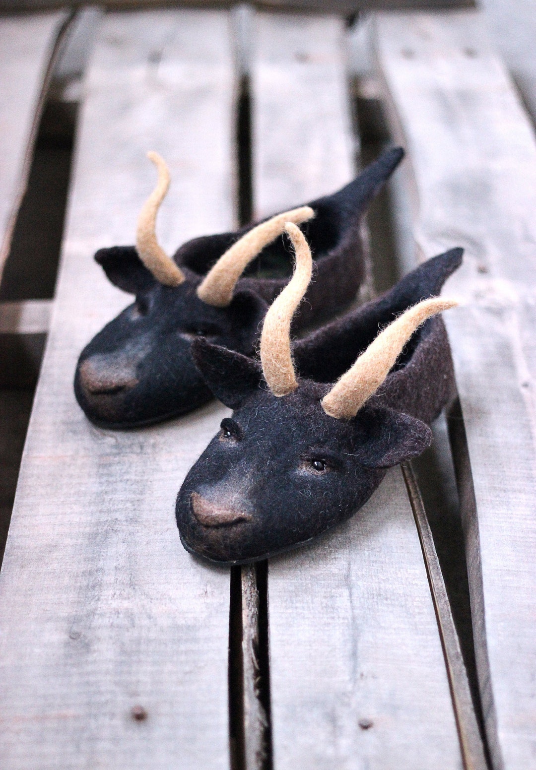 Black Goat Premium Slippers, Farm Animals, Custom Handmade Felt Wool ...