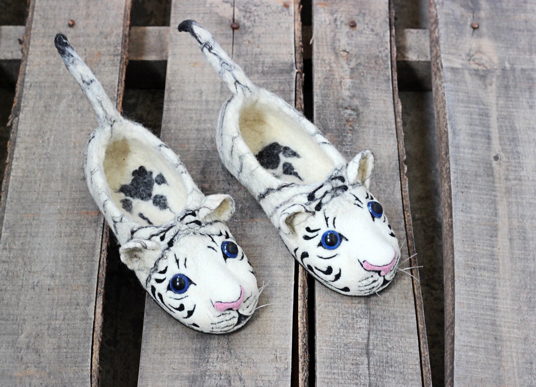 White Tiger Premium Slippers, Tigers Handmade Eco Wool Flat Shoes/toy ...