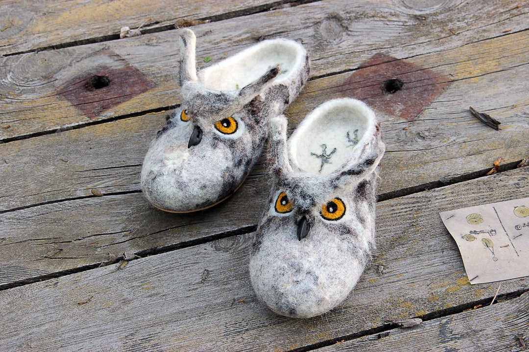 Owls Slippers, Handmade Eco Wool Flat Shoes/toy, Natural, Felting ...