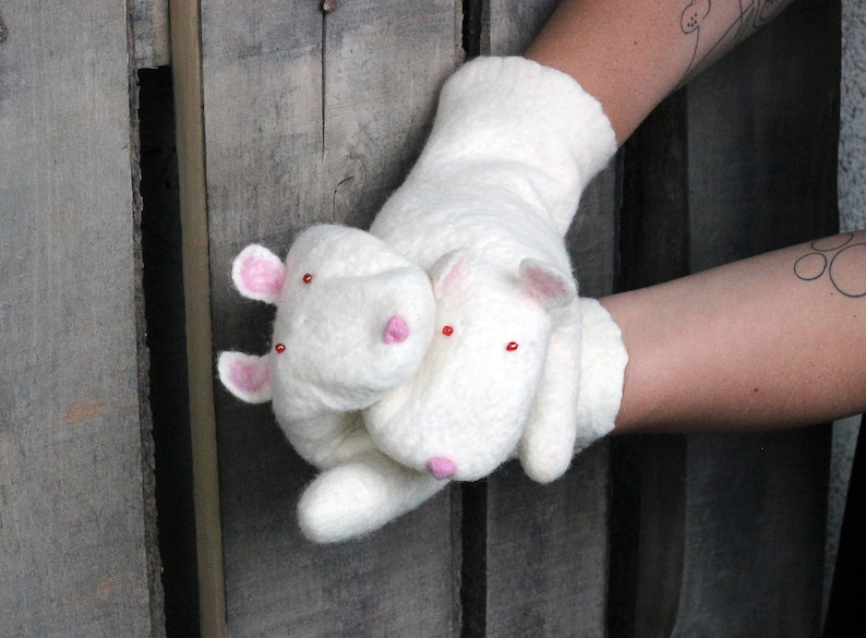 White rat felted mittens mouse natural felted wool women | Etsy