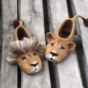 Lion and Lioness Slippers, King of Animals, Custom Handmade Felt Wool ...