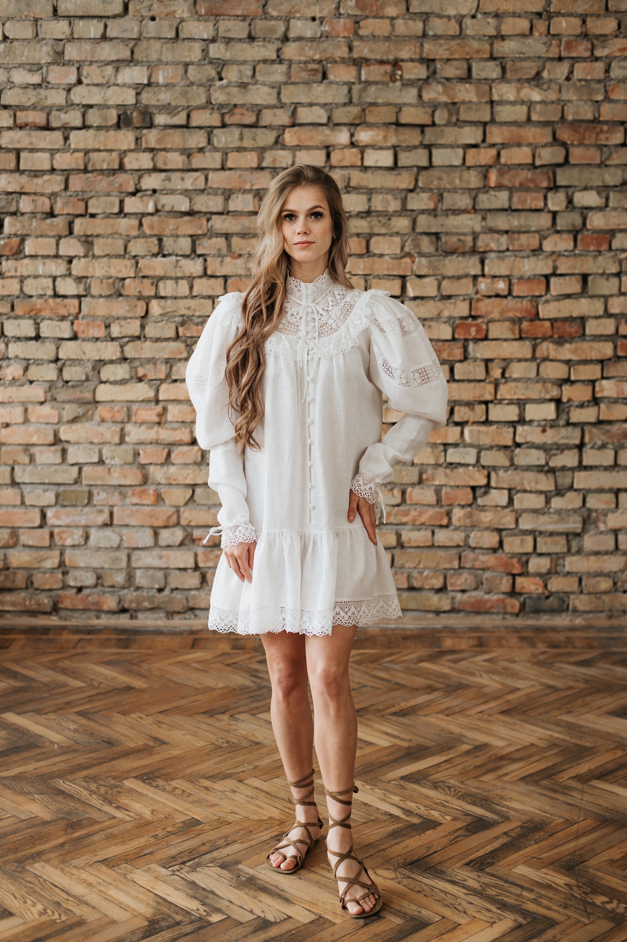 Edwardian Inspired Mini Linen Dress, Victorian Dress White Edwardian Inspired Mini Linen Dress, Victorian Dress White