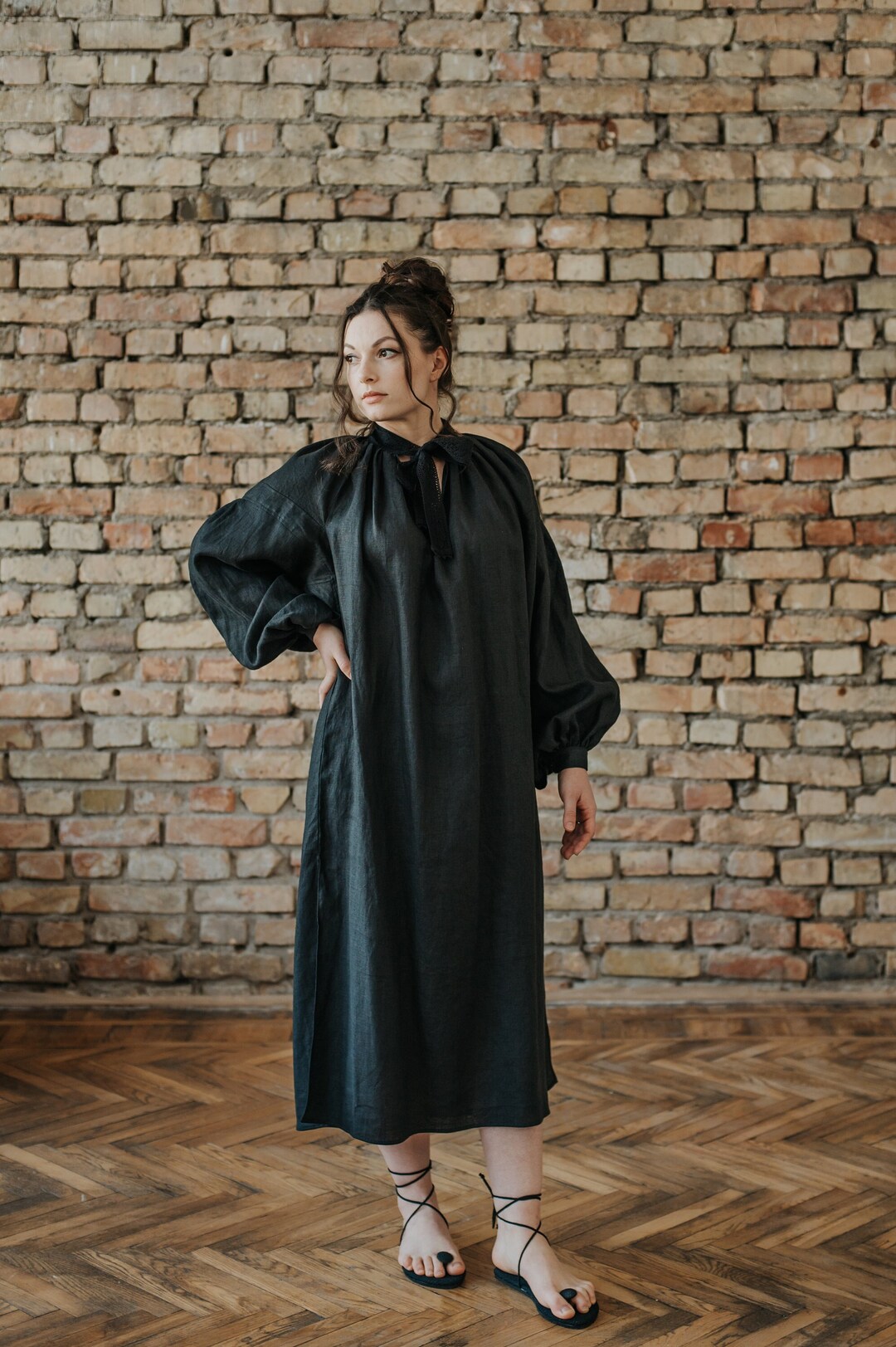 LINEN DRESS in Black, Long Linen Dress, Natural Linen Outfit, Old-style ...