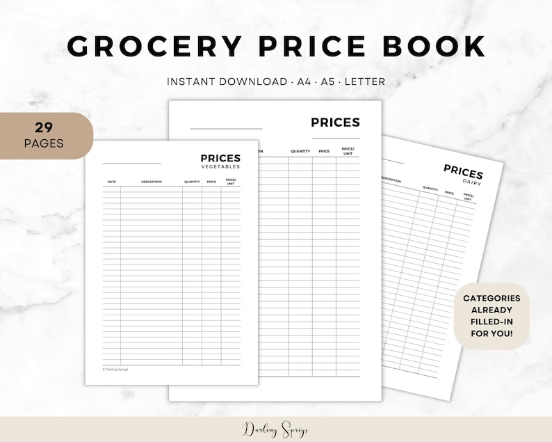 Grocery Price Book, Market Price Book Printable, A4, A5, Letter, PDF ...