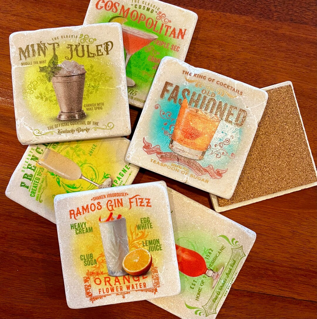 Classic Cocktail Coaster Set. Vibrant Colored Coasters. Cocktail Decor ...