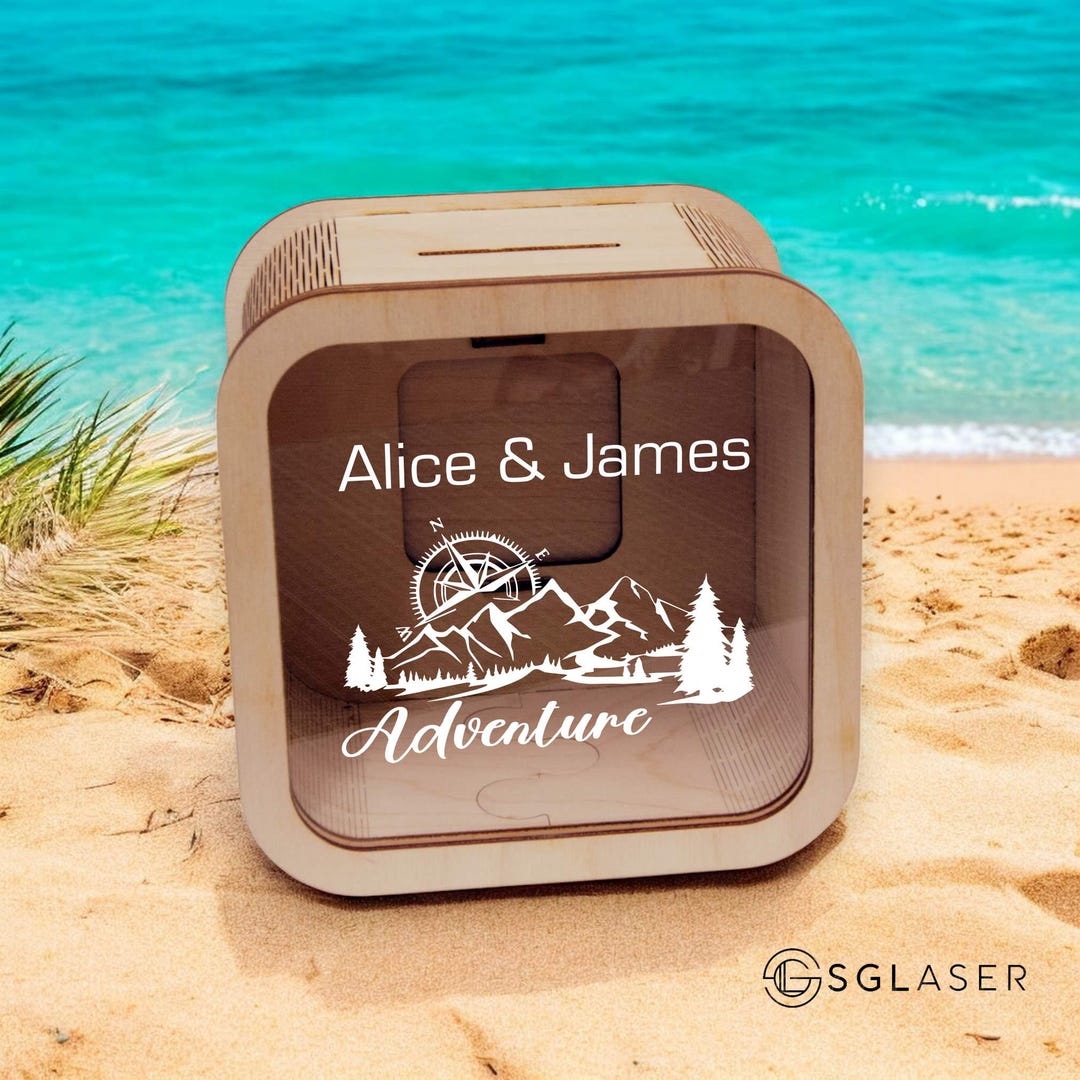 Personalized Wooden Travel Fund Money Box – Engraved With Names, Money ...
