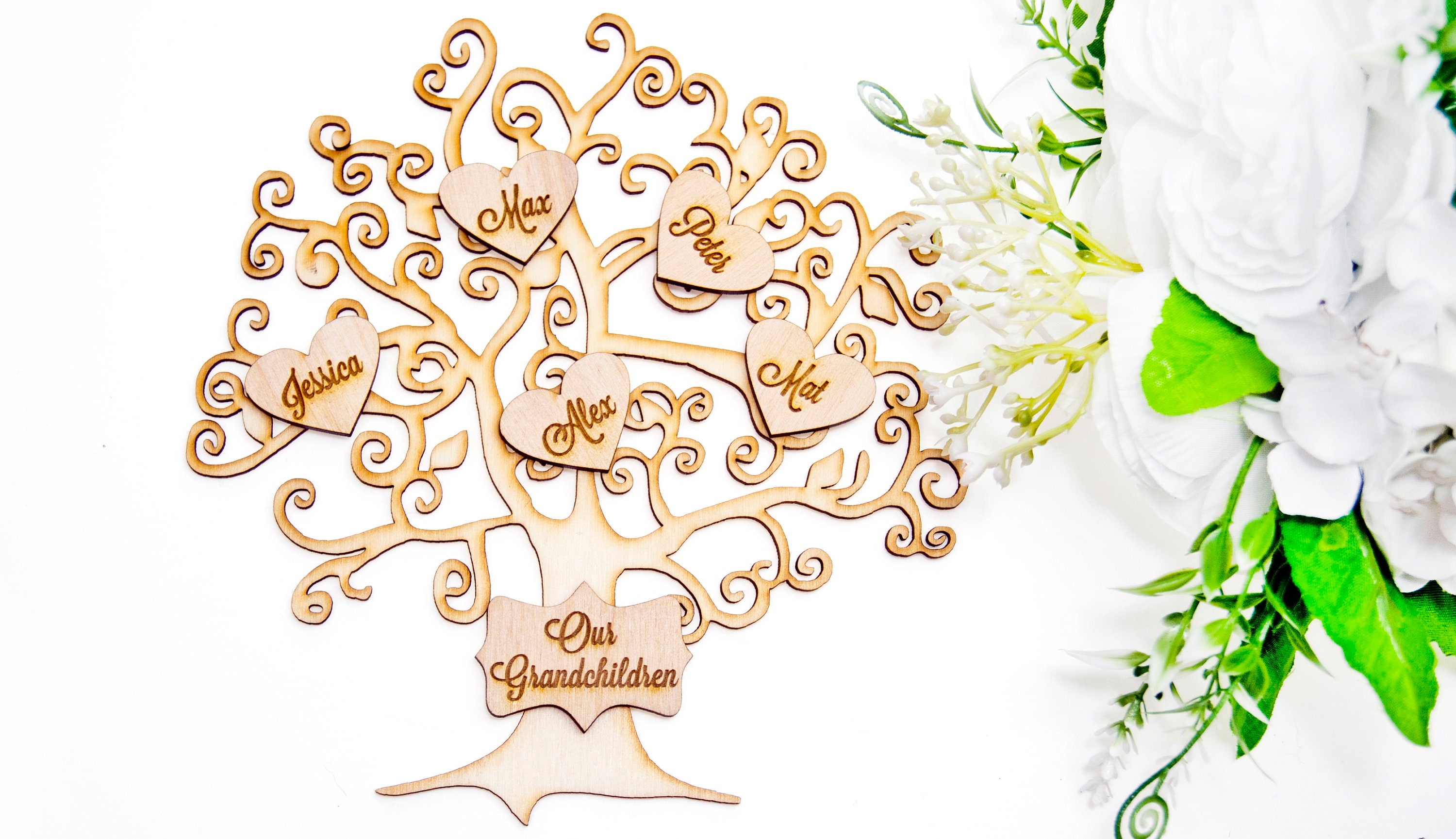 Personalized Family Tree Set +free X5 30mm Hearts ,MDF, Birchwood,frame ...
