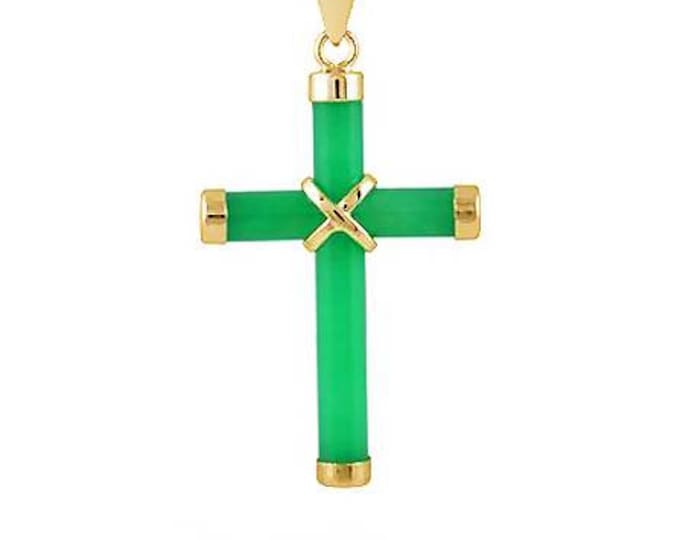 Jade Cross Pendant, 14K Yellow Gold Green Jade Cross Necklace 16", 18 ...