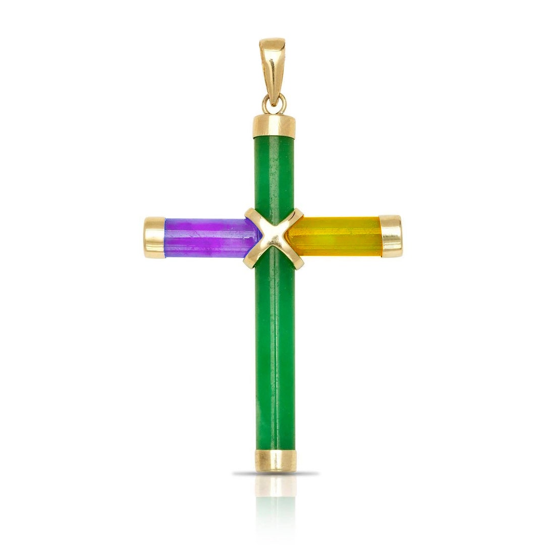 Jade Cross Pendant, 14K Yellow Gold Multi Color Jade Cross Necklace 16 ...