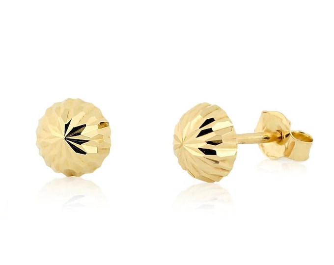 14K Yellow Gold Diamond Cut Studs, Flat Back Ball Stud Earrings 3mm, 4mm, 5mm, 6mm or 8mm Round ...