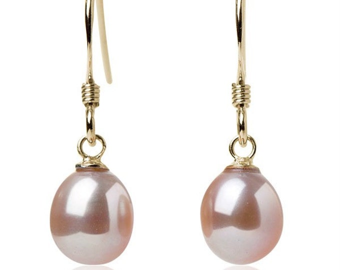 14K Pearl Dangle Earrings, 14K Yellow Gold Freshwater Natural Pink ...