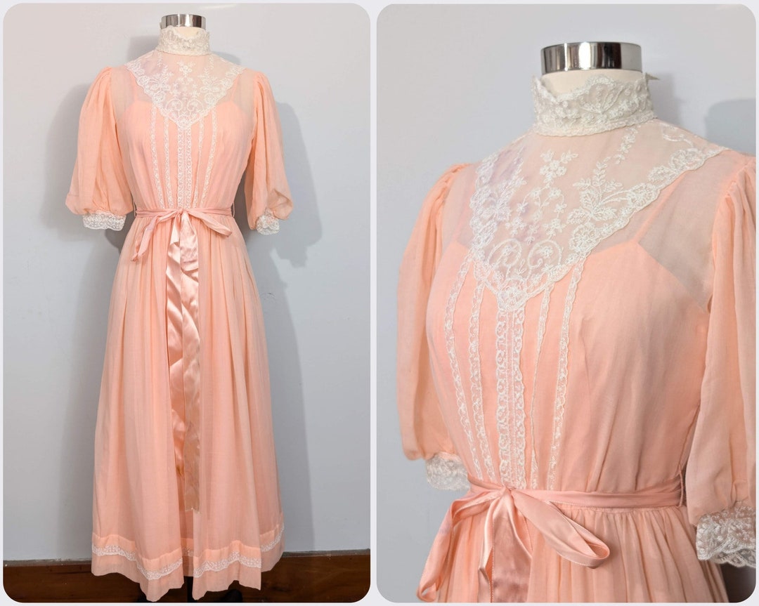 Peach 70s Maxi Dress With Lace Trim - Etsy