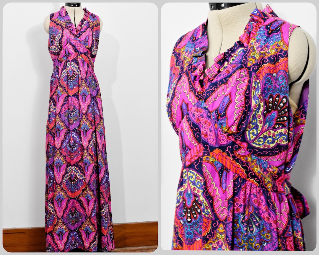 60s Psychedlic Neon Maxi Dress - Etsy