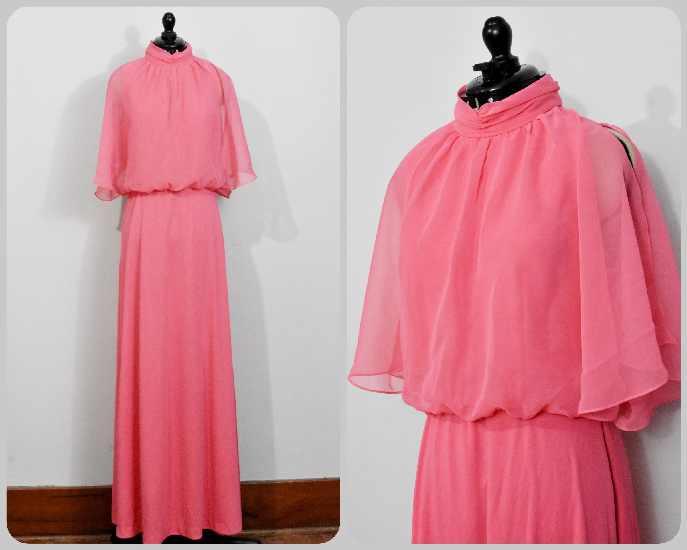 Hot Pink 70s Maxi Dress With Attached Capelet - Etsy