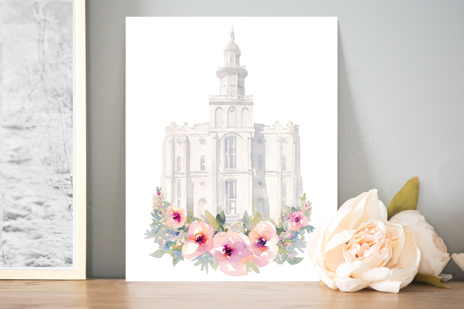 St George LDS Temple Painting Watercolor Floral Print | Etsy