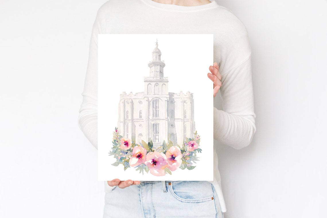 St George LDS Temple Painting Watercolor Floral Print - Etsy