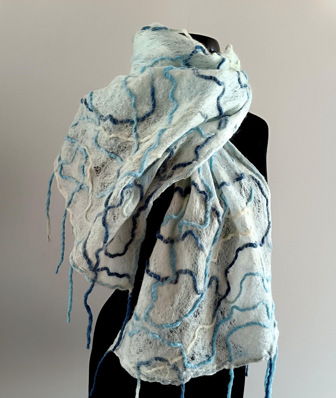 Cobweb Felted Merino Wool Acryl and Moher Yarn Scarf: White & Blue ...