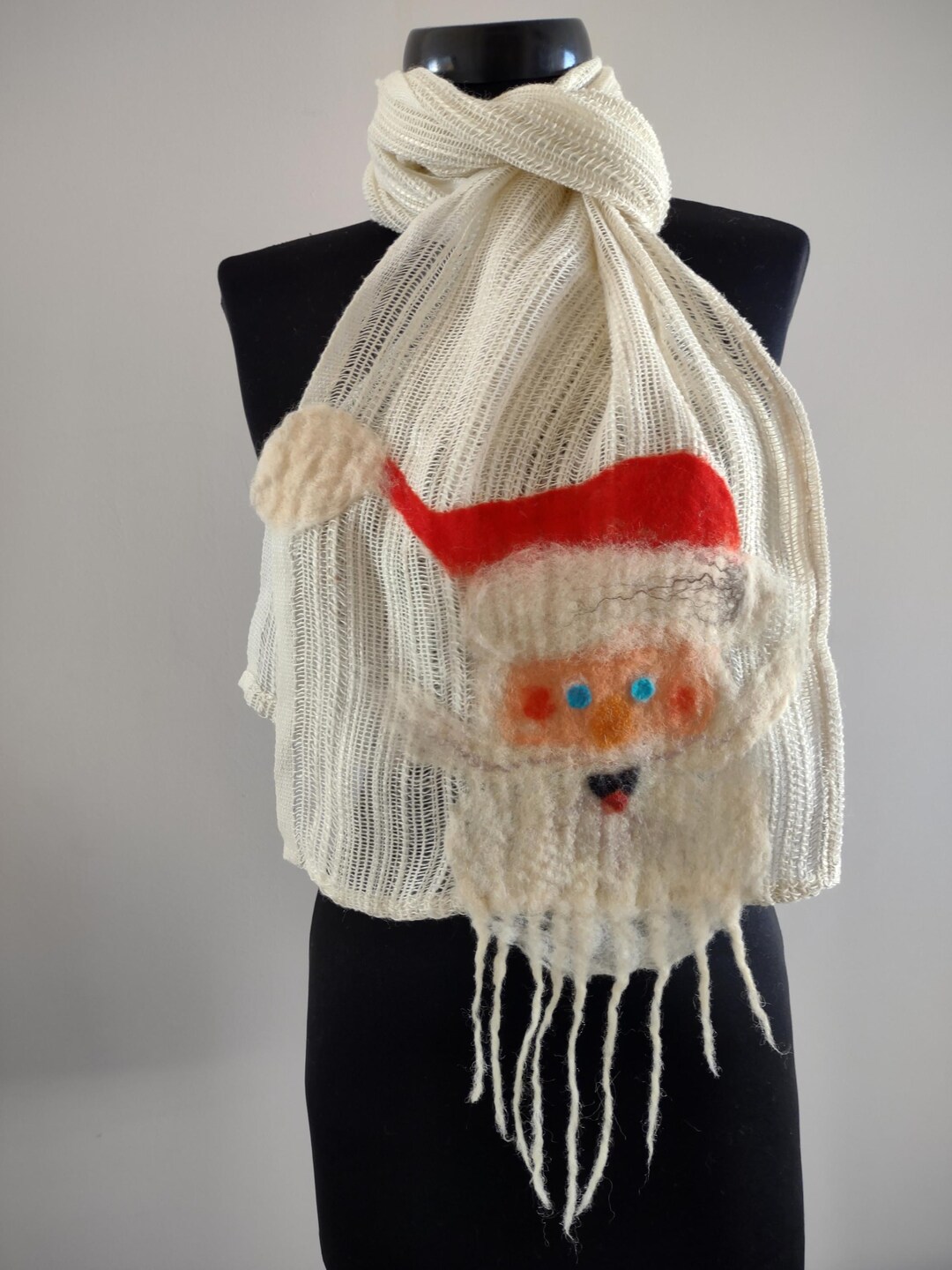 White Christmas Scarf With Santa Claus, Felted Scarf From Fabric and ...