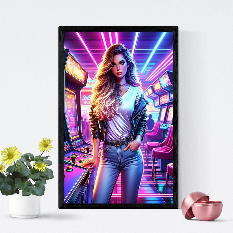 Retro Arcade Girl Neon Wall Art - 80s Vaporwave Aesthetic Digital ...
