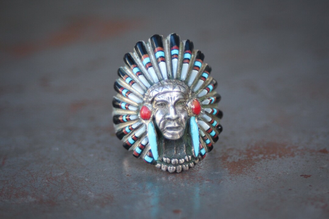 Excellent Zuni Inlay Indian Chief Men's Trading Post Ring - Etsy