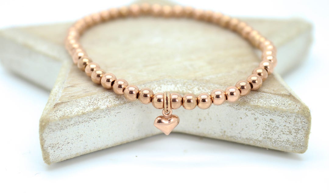 Rose Gold Bracelet, Rose Gold Bead Bracelet, Rose Gold Vermeil Heart ...